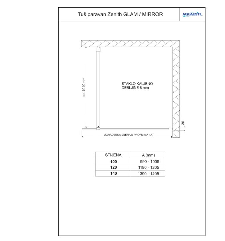 Aquaestil Tuš stijena Zenith wall MIRROR 140, silver/ogled – Vitos Webshop